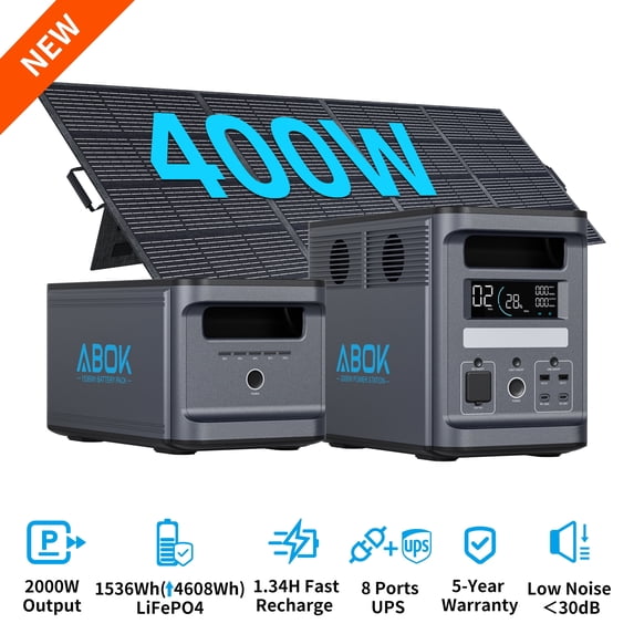 ABOK 2000W 3072Wh Solar Generator Kit with 400W Portable Solar Panel ...