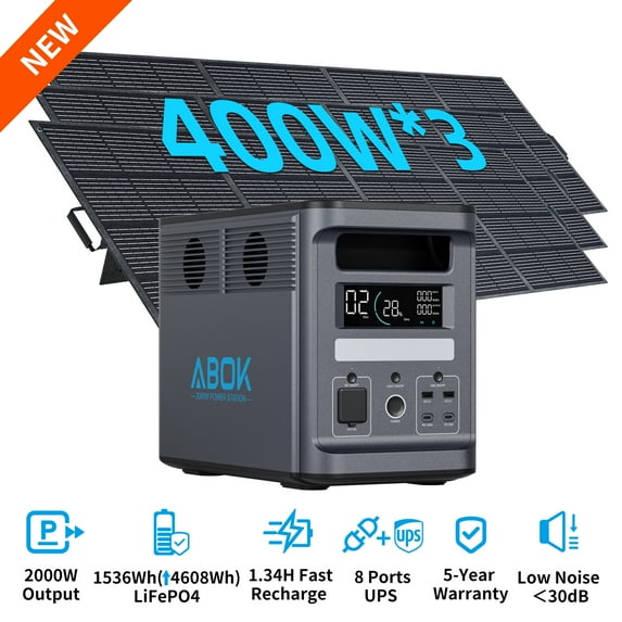 ABOK 2000W Solar Generator with 1200W(3×400W) Solar Panels, LiFePO4 ...