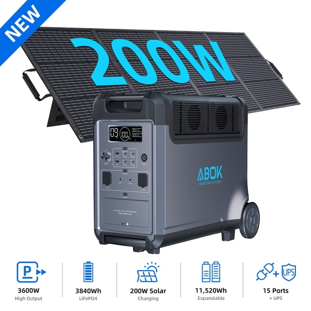 ABOK 3600W 3840Wh Solar Generator with 200W Solar Panel, LiFePO4 ...