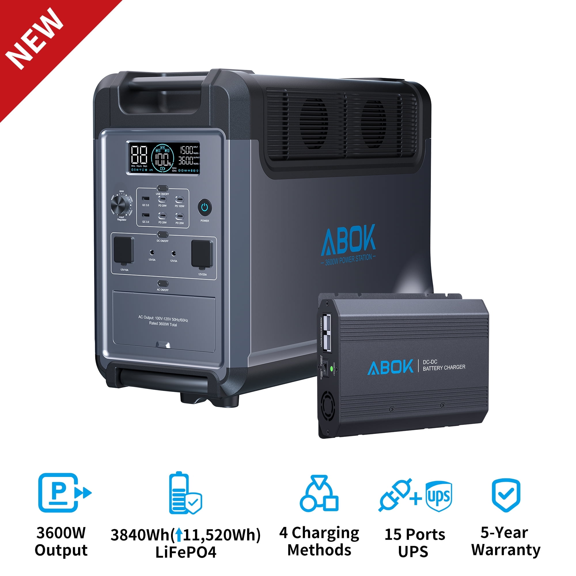 ABOK Ark3600 Solar Generator With DC-DC 500W Alternator Charger, 3840Wh ...
