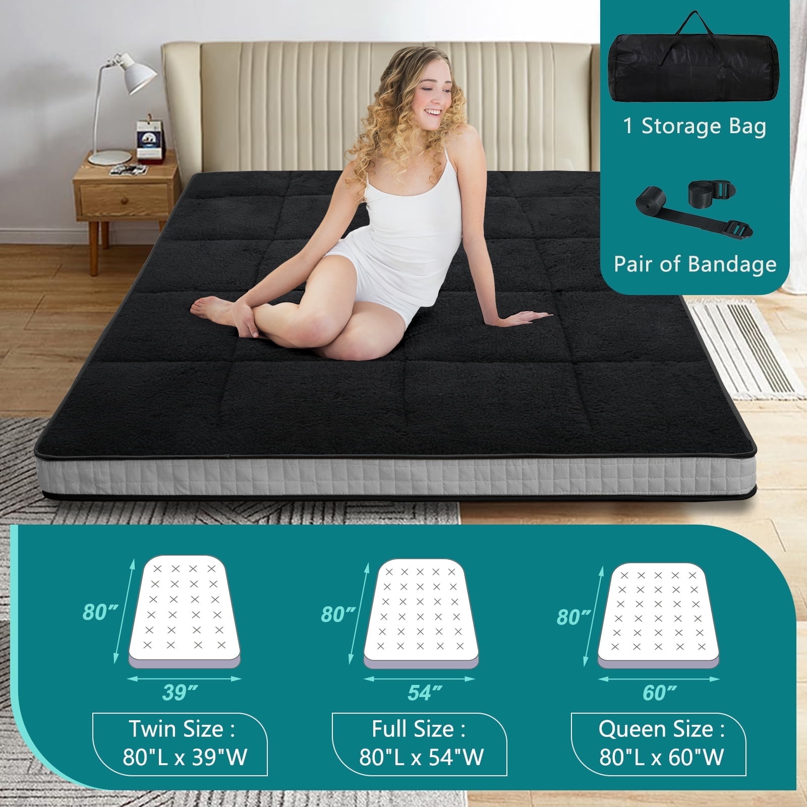 ABORON Sherpa Fleece Japanese Floor Mattress, 4" Thick Futon Mattress Twin Size, Thicken Tatami ...