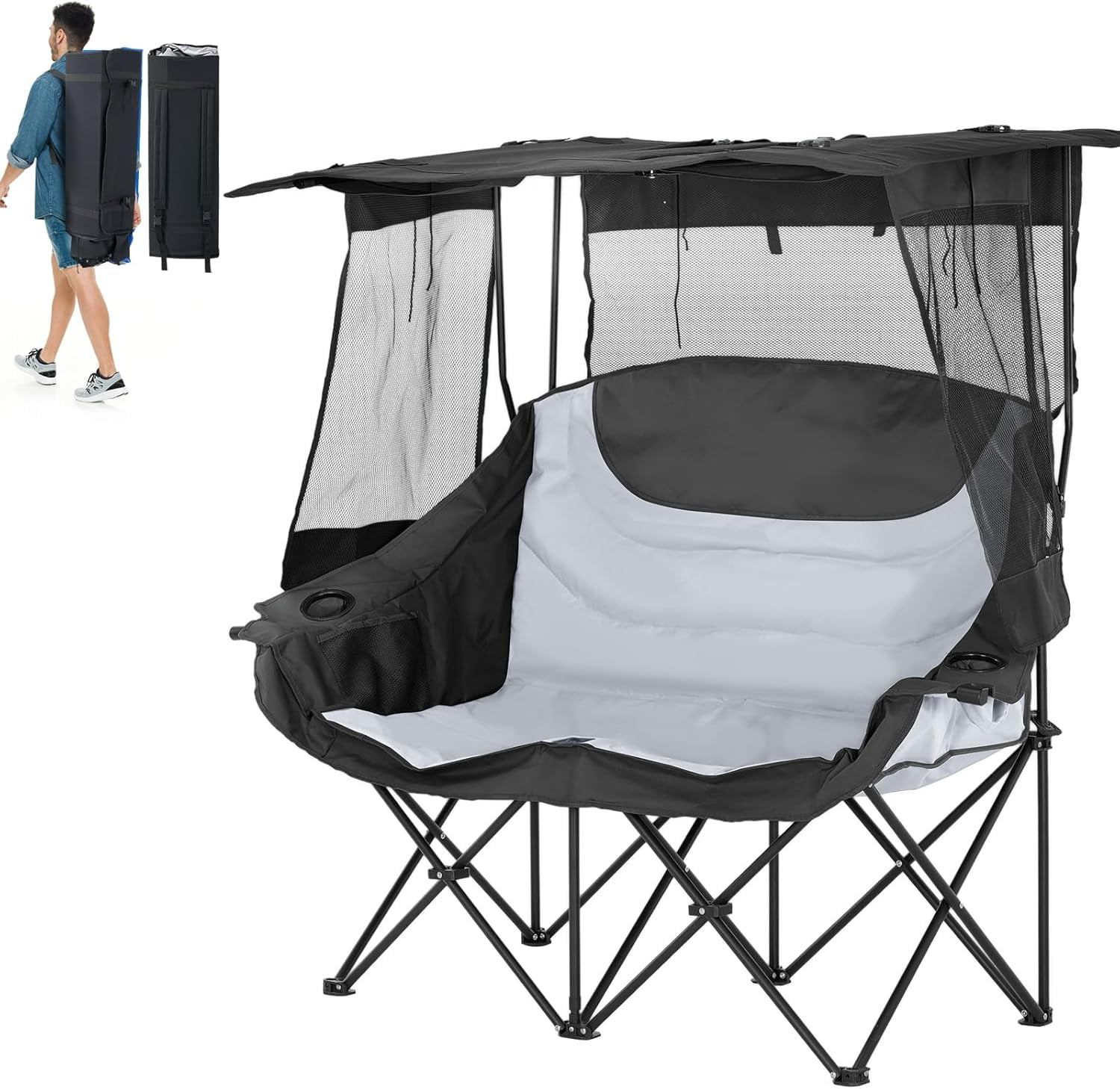 ABORON Double Camping Chair with Canopy for 2 Adults, Oversized ...