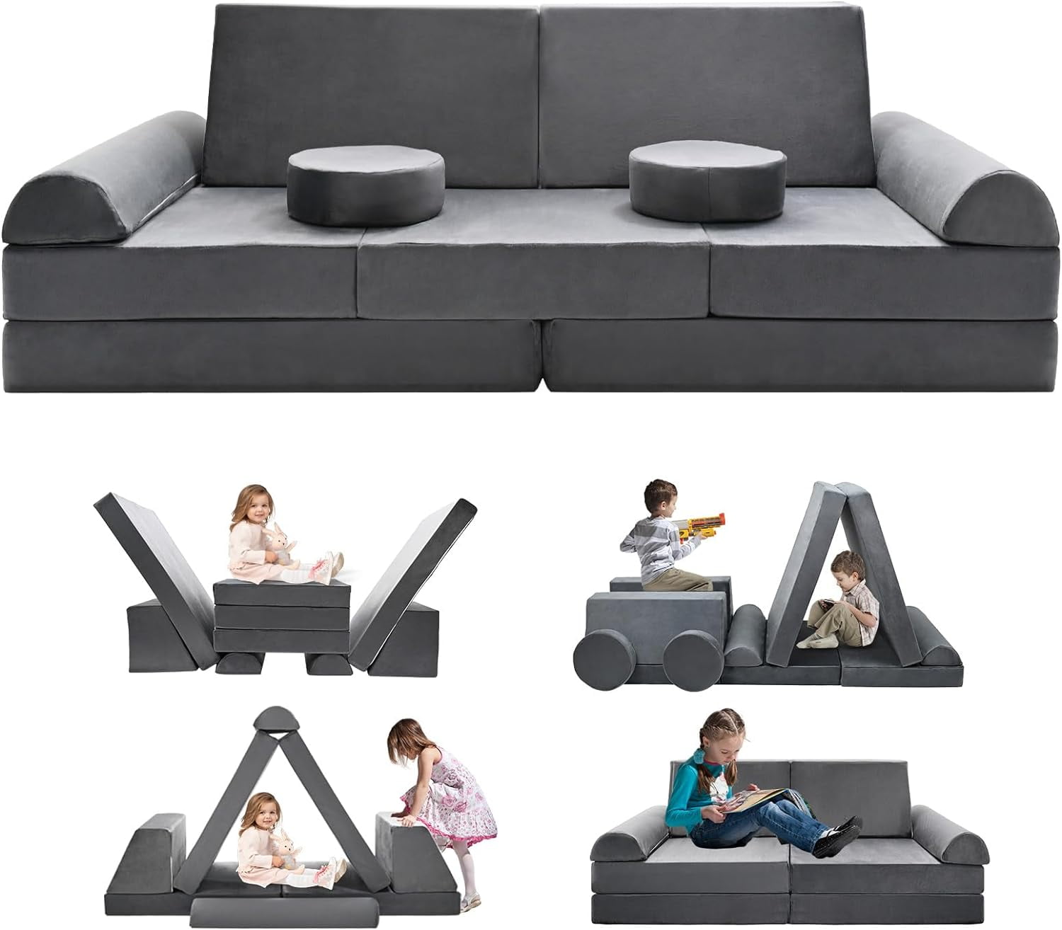 ABORON Kids Couch Play Set Modular Convertible Sofa 10 Piece Fold Out ...
