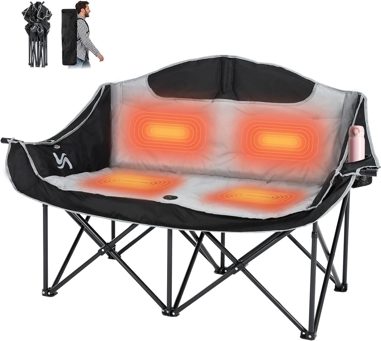 ABORON Oversized Double Heated Camping Chair Folding Loveseat,2-Person ...