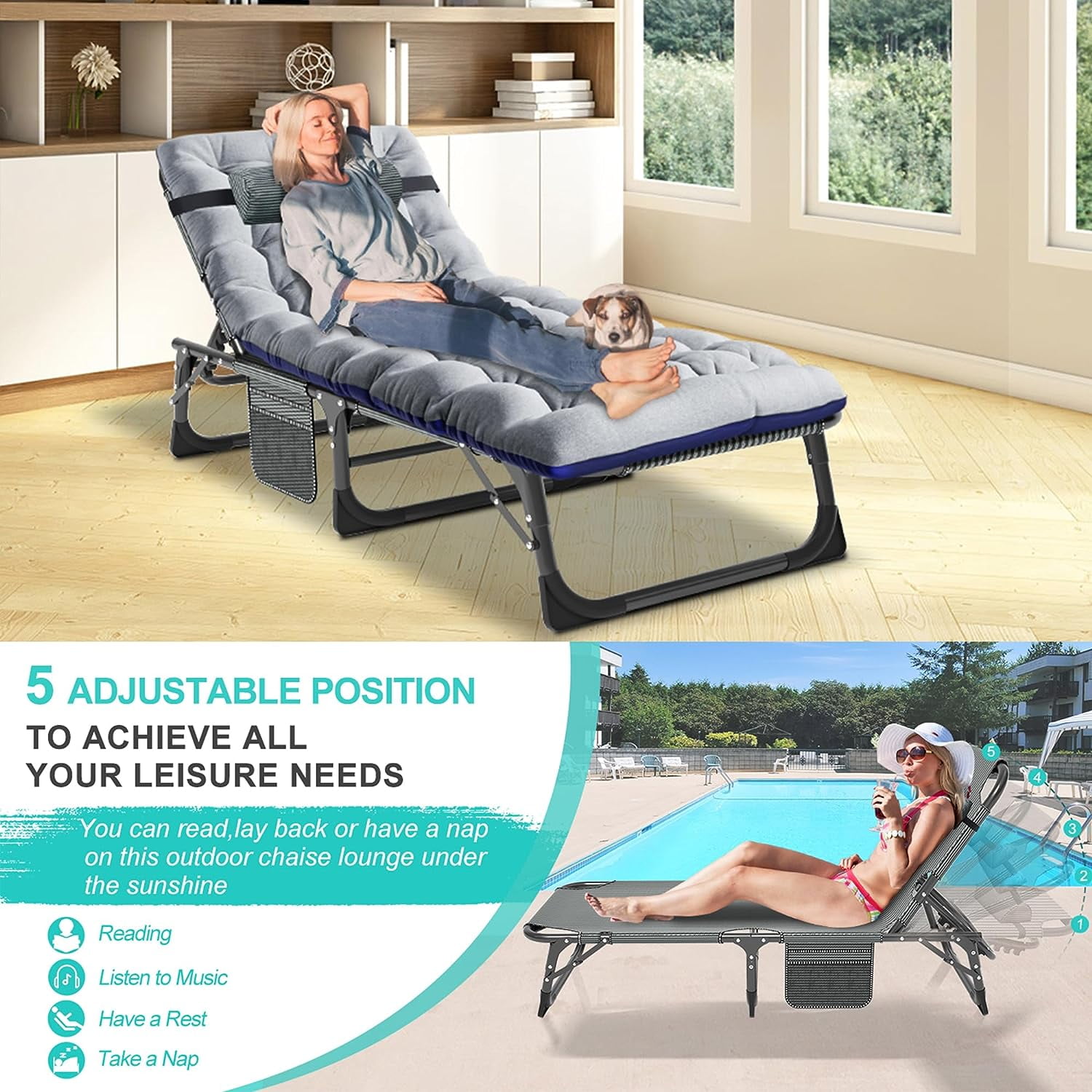 ABORON Trifold Patio Lounge Chair - Adjustable 5-Position, Foldable ...