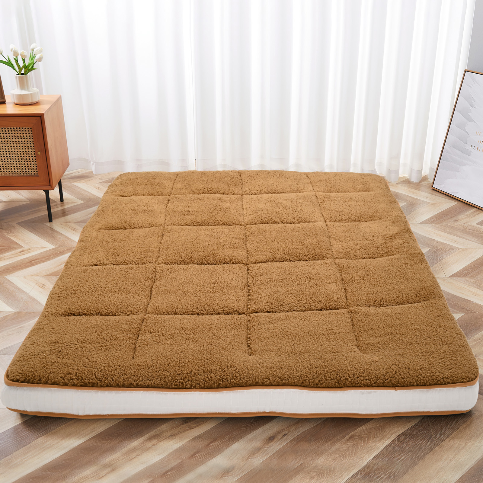 ABORON Sherpa Fleece 4" Thick Folding Futon Mattress Queen, Tatami Mat ...