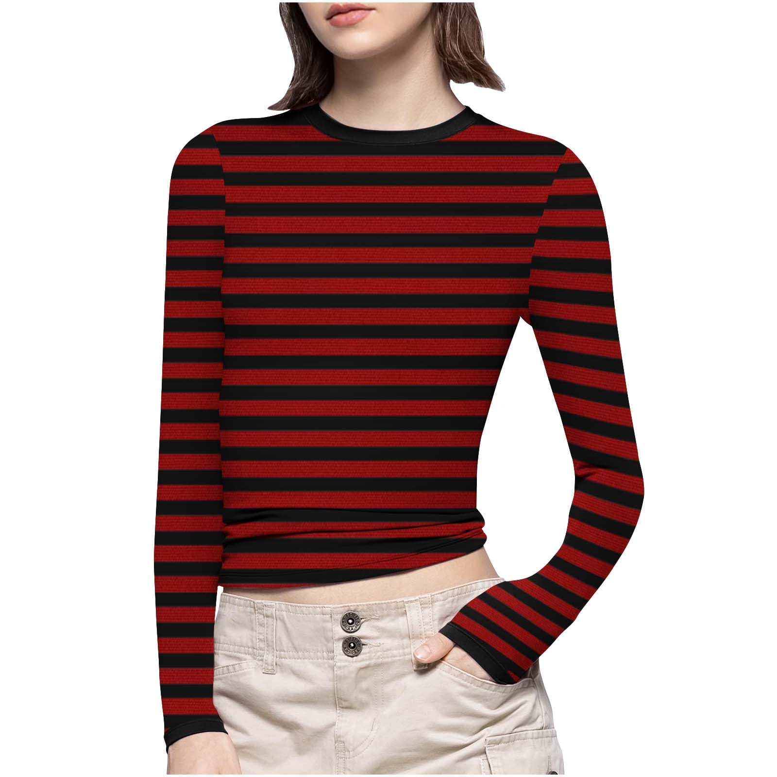 ABOUTYES Women's Fashion Striped Printed Long Sleeve Round Neck T-Shirt ...