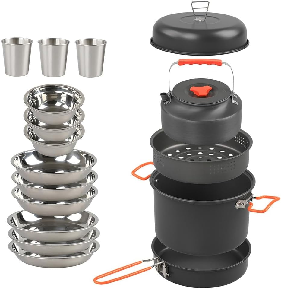 ABPETE 17Pcs Camping Cookware Mess Kit Aluminum Alloy Pot Pan Kettle ...