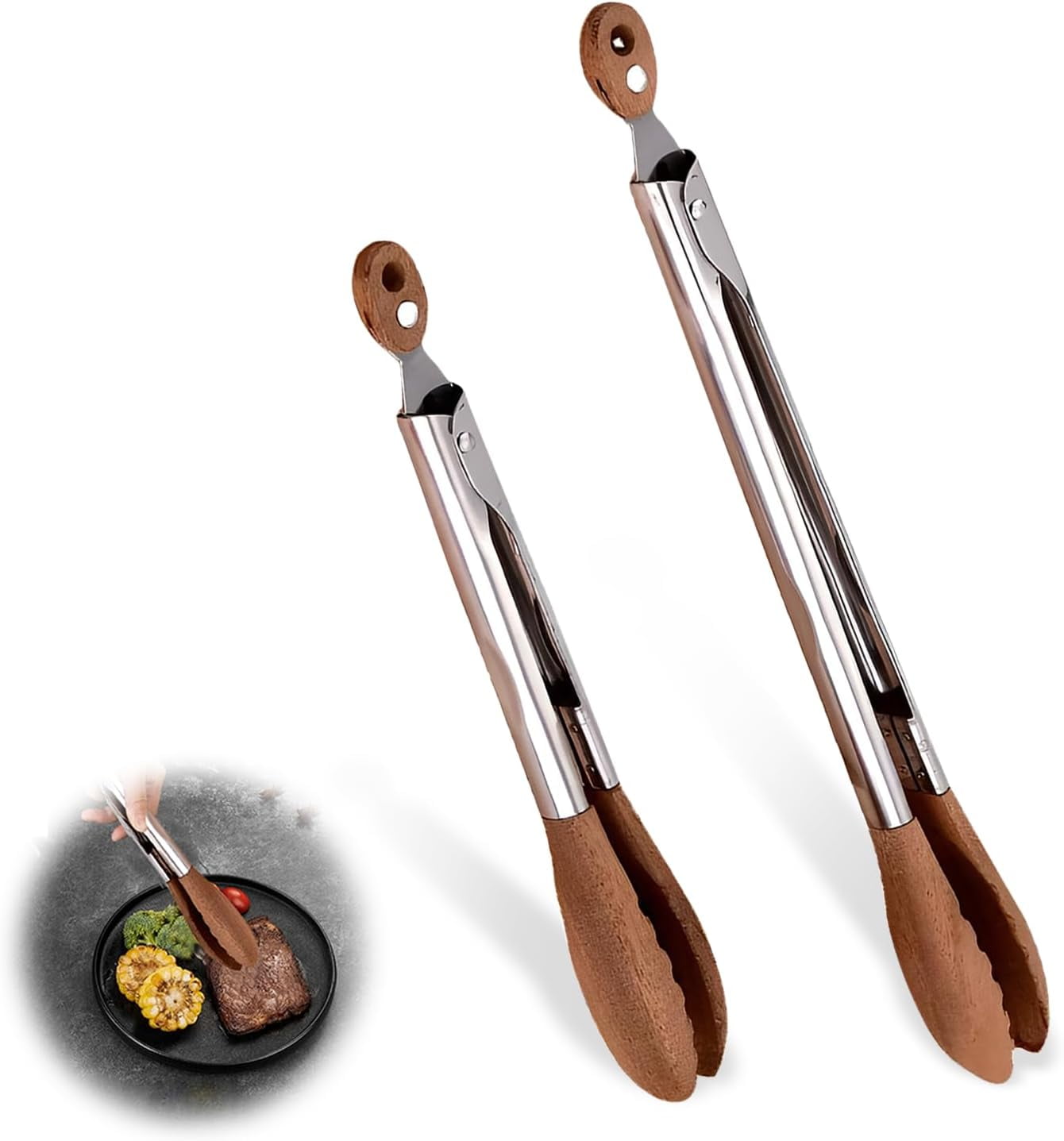 ABPETE 2 Pack Walnut Wooden Tongs For Cooking, 12 & 9 Inch Kitchen ...