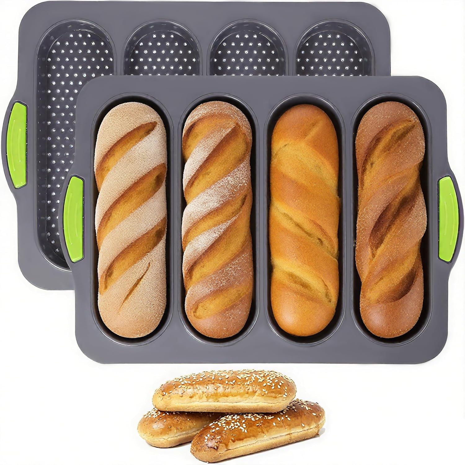 ABPETE 2 Pcs Silicone Bread Loaf Pan, 4 Holes Baguette Bread Pan Easy ...