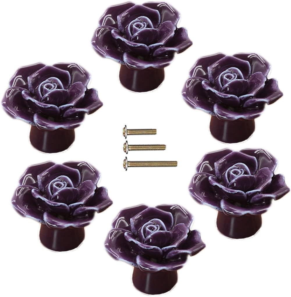 ABPETE Elegant Rose Flower Cabinet Knobs, 6Pcs Purple Vintage Kitchen ...