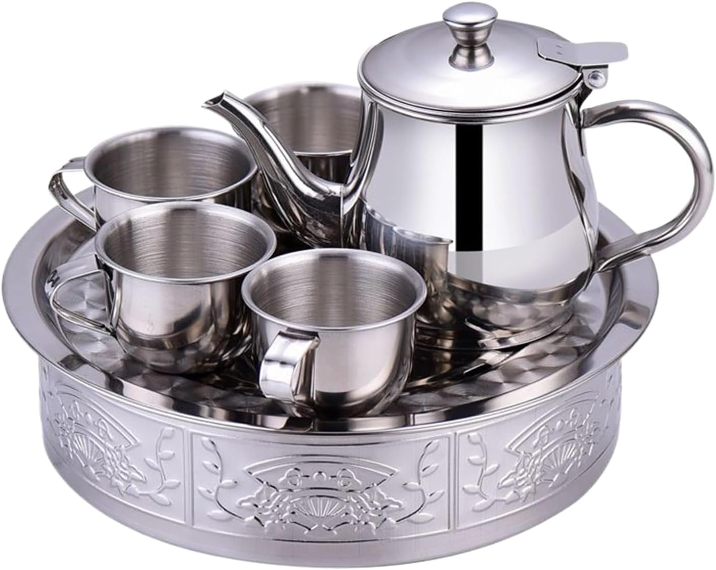 ABPETE Small Stainless Steel Tea Set with 330ml Teapot, 4 Cups & Tray ...
