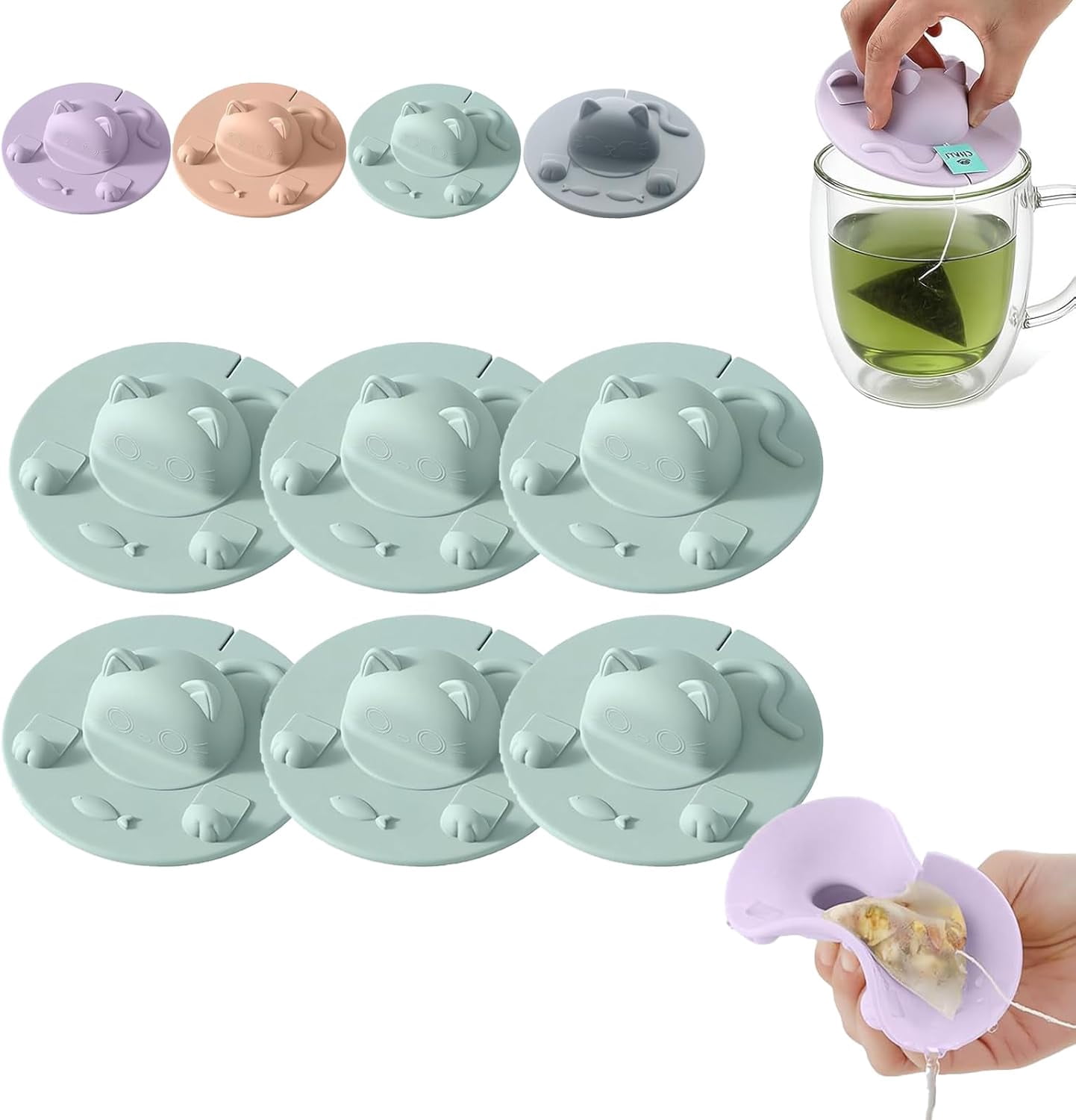 ABPETE Tea Bag Mug Topper, Cute Cat-Designed Silicone Cup Cover with ...