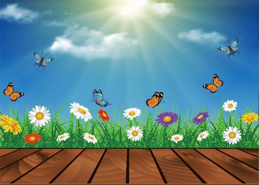 ABPHOTO 7x5ft Spring Backdrop Butterfly Blooming Flowers Green ...