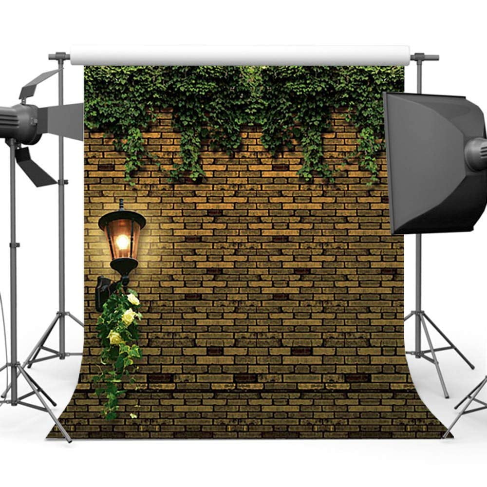 ABPHOTO Polyester 5x7ft Backdrop Vintage Brick Wall Flowers Green ...