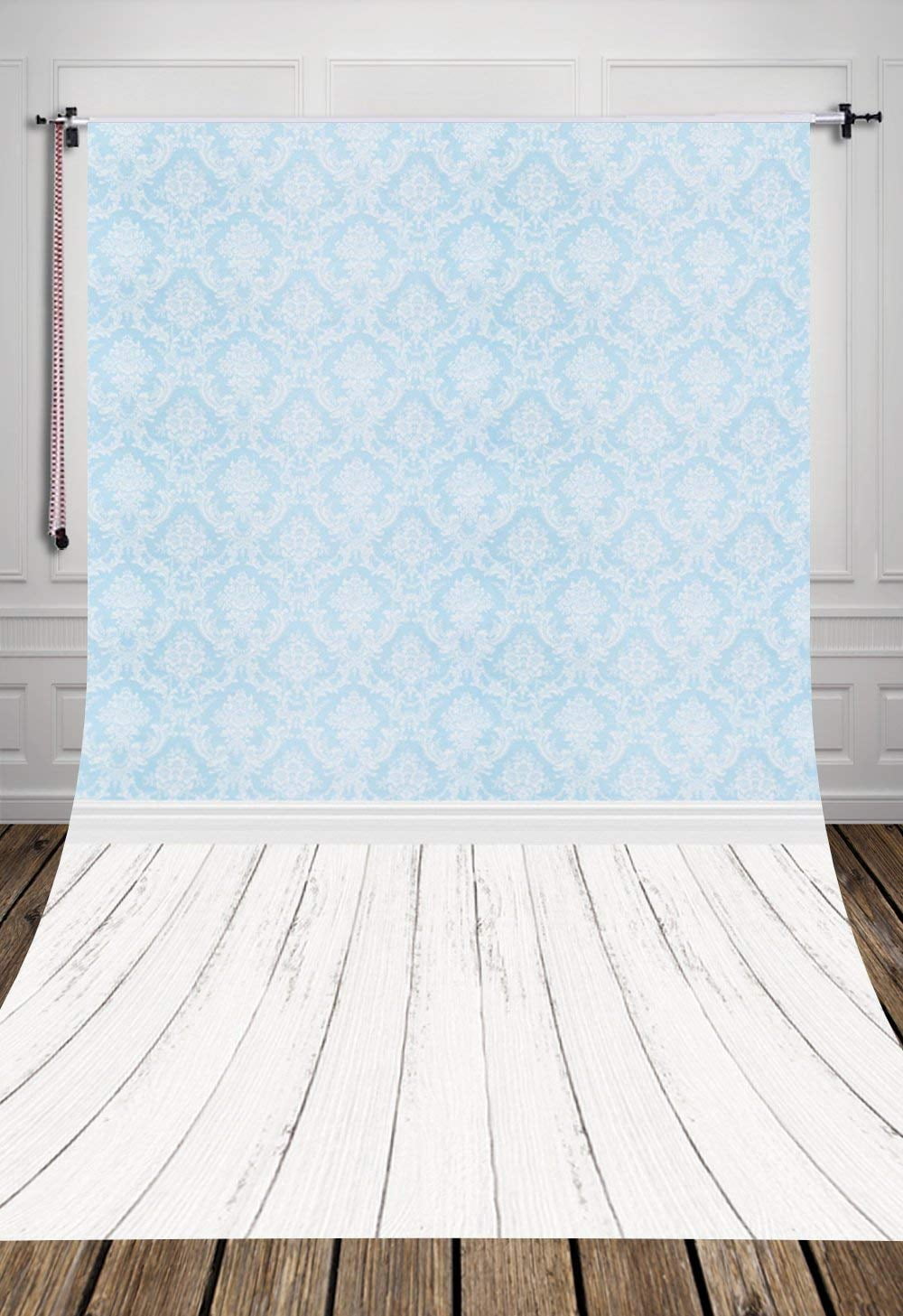 ABPHOTO Polyester 5x7ft Blue Damask Backdrop White Wooden Floor Boys ...