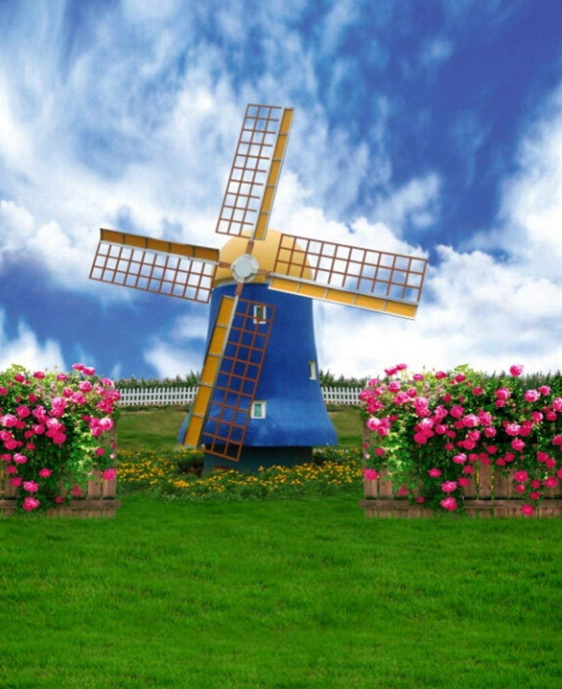 ABPHOTO Polyester 5x7ft Blue Sky Flowers Lawn Windmill Photography ...