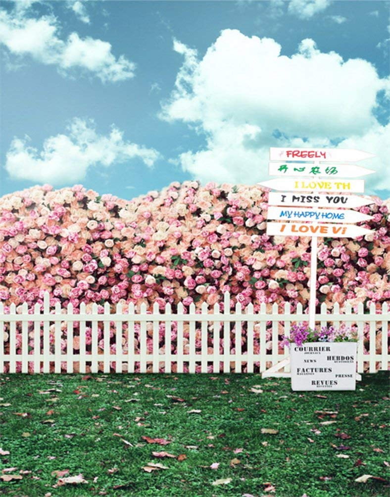 ABPHOTO Polyester 5x7ft Blue Sky Lawn Pink Flower Signs Photography ...