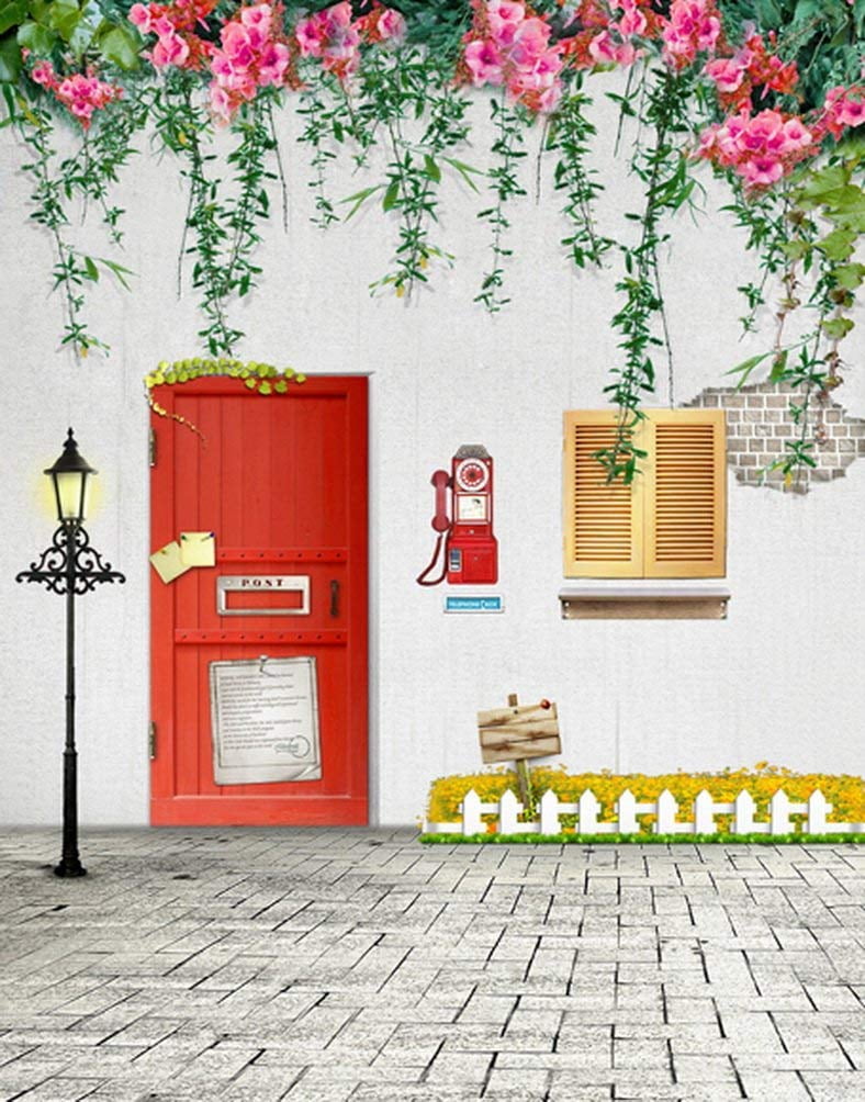 ABPHOTO Polyester 5x7ft Brick Floor House Pink Flowers Photography ...