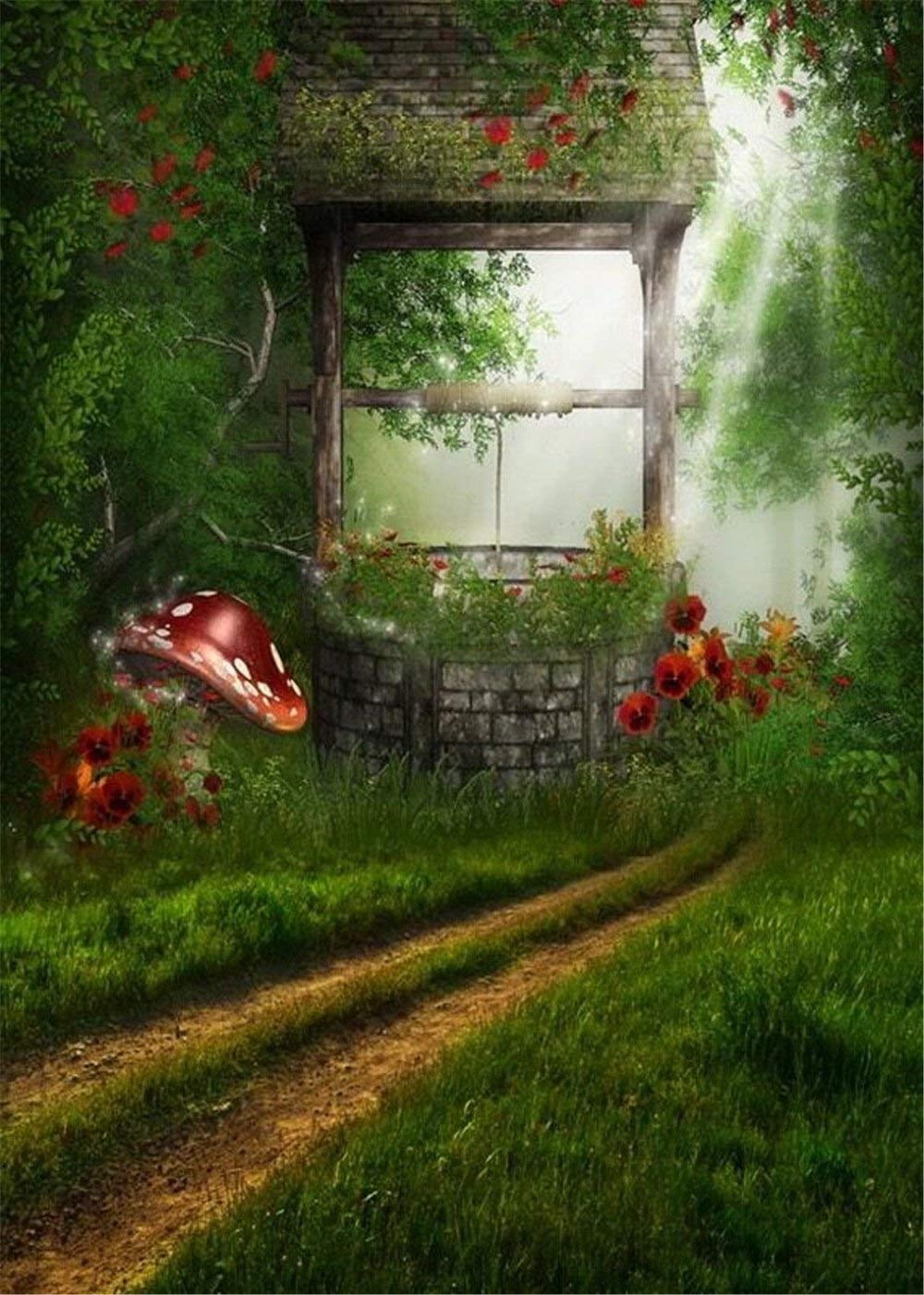 ABPHOTO Polyester 5x7ft Fairy Tale Forest Backdrop Mushroom Red Flowers ...