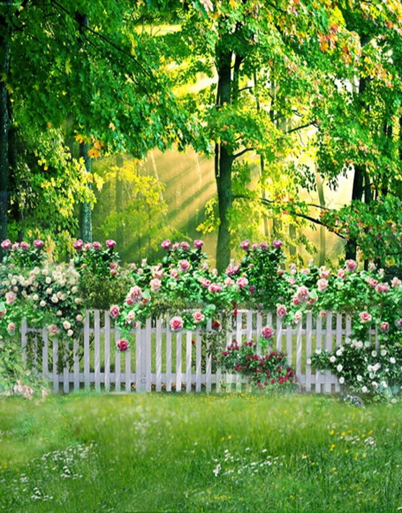 ABPHOTO Polyester 5x7ft Flowers Fence Grass Tree Photography Backdrops ...