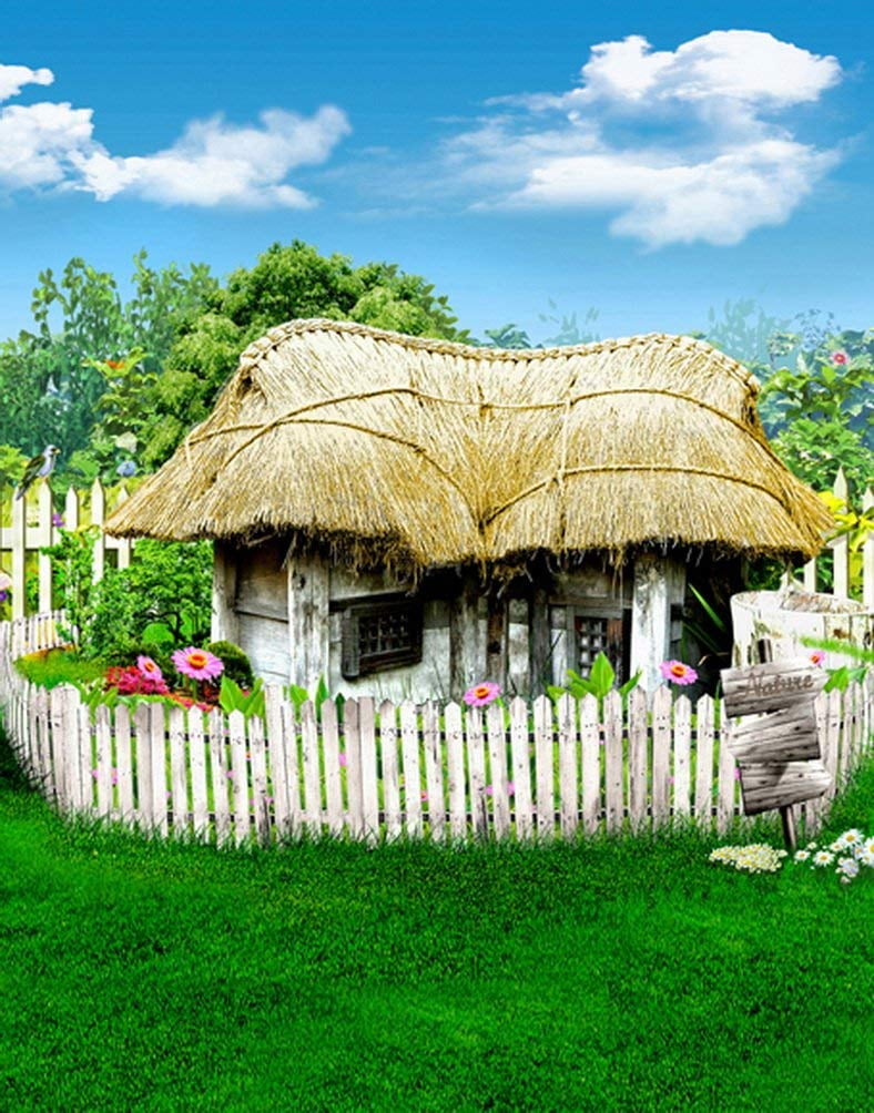 ABPHOTO Polyester 5x7ft Lawn Fence Cottages Photography Backdrops Photo ...