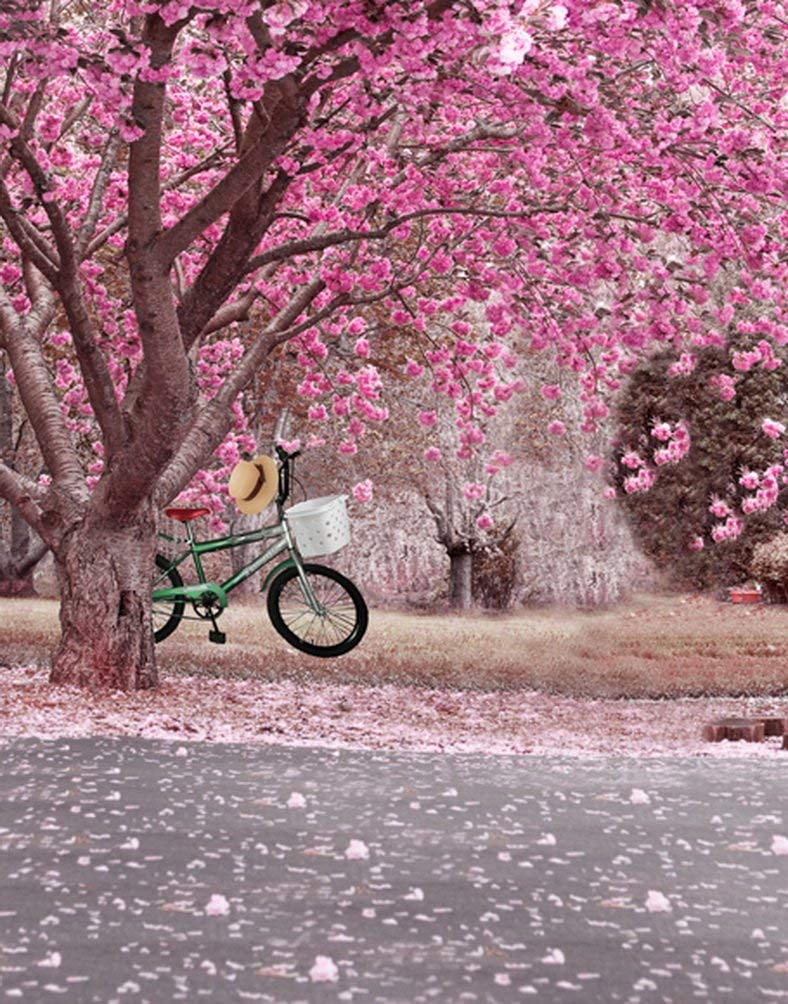 ABPHOTO Polyester 5x7ft Pink Flowers Tree Bicycle Photography Backdrops ...