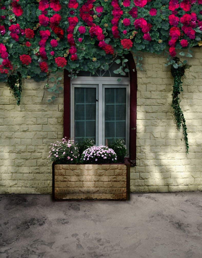 ABPHOTO Polyester 5x7ft Red Flowers Brick House Photography Backdrops ...