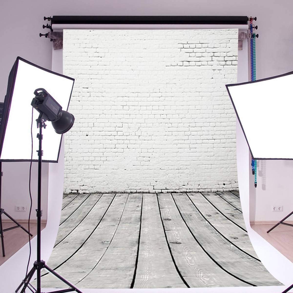 ABPHOTO Polyester 5x7ft White Brick Backdrop Vintage Stripes Wood Plank ...