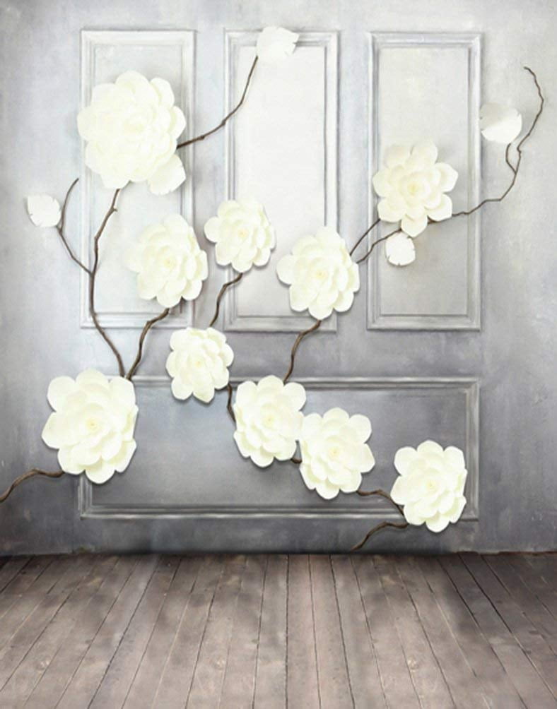 ABPHOTO Polyester 5x7ft White Flowers Wall Wooden Floor Photography ...