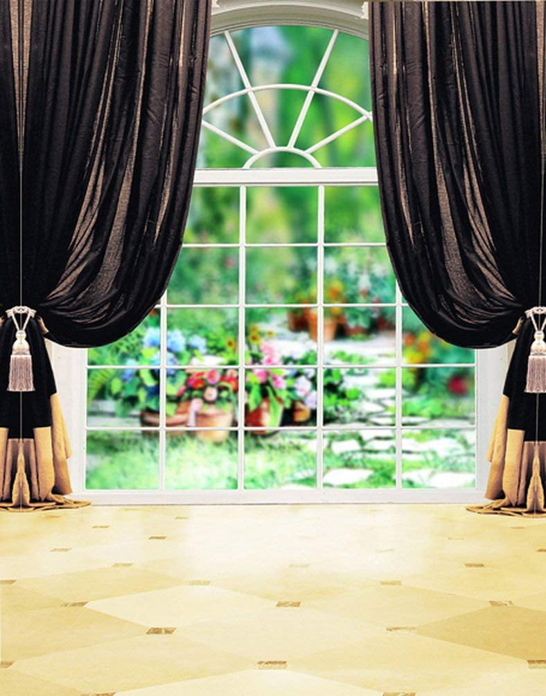 ABPHOTO Polyester 5x7ft Window Flowers Black Curtain Photography ...
