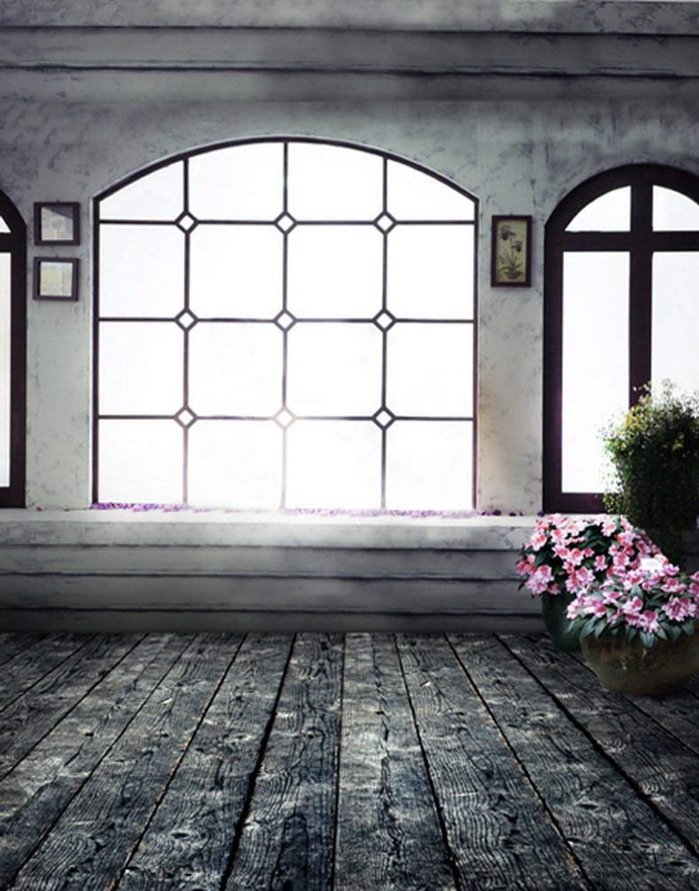 ABPHOTO Polyester 5x7ft Wooden Floor Flowers Big Window Photography ...