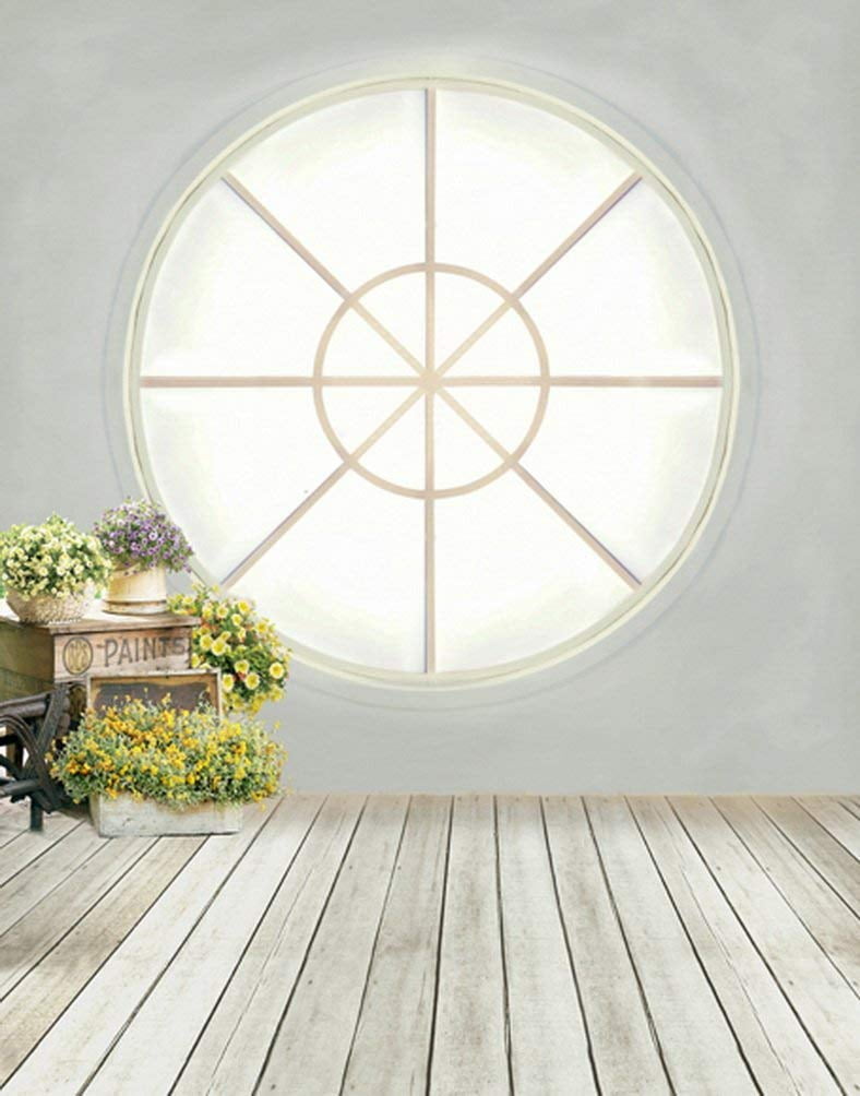 ABPHOTO Polyester 5x7ft Wooden Floor Flowers Round Window Photography ...