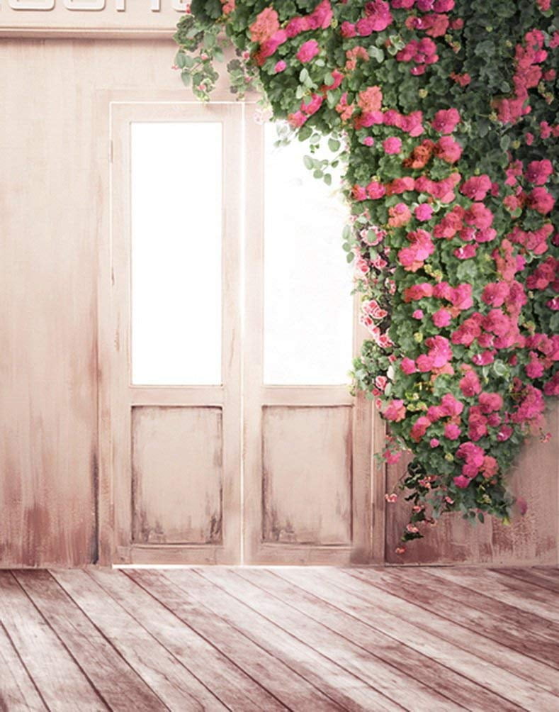 ABPHOTO Polyester 5x7ft Wooden Floor House Pink Flowers Tree ...