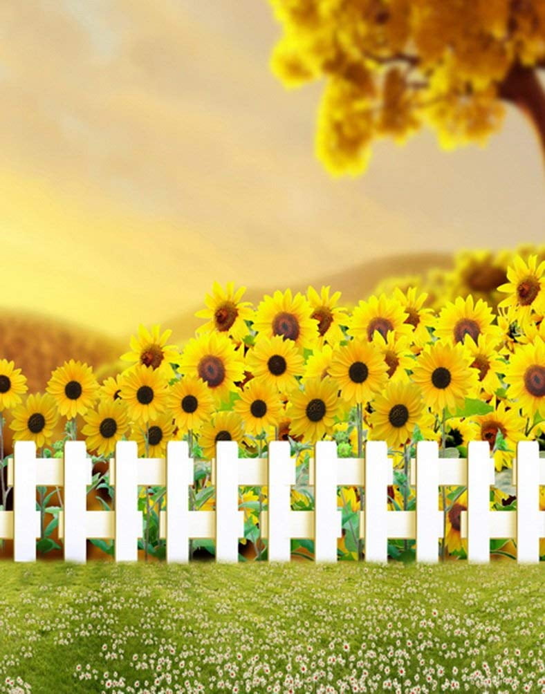 ABPHOTO Polyester 5x7ft Yellow Sunflowers Fence Photography Backdrops ...