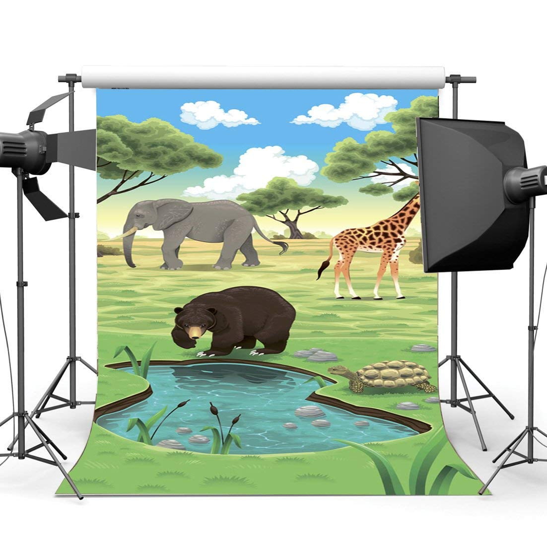 ABPHOTO Polyester 5x7ft Zoo Backdrop Cartoon Backdrops Elephant Giraffe ...