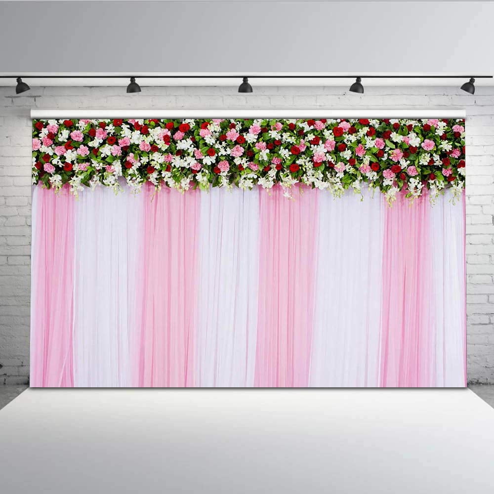 ABPHOTO Polyester 7x5ft Backdrop Colorful Flowers White and Pink Strip ...