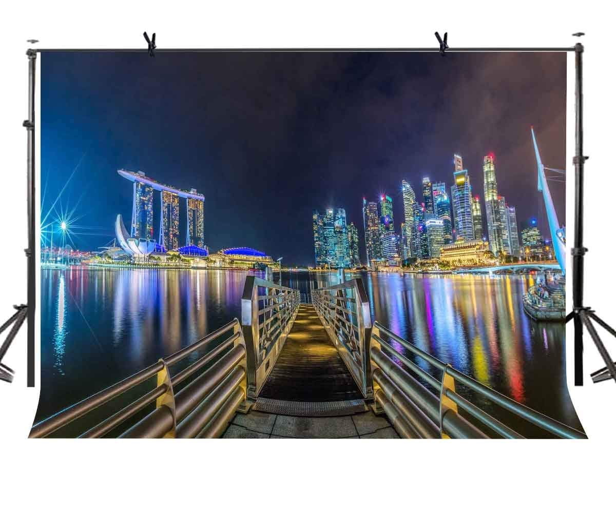 ABPHOTO Polyester 7x5ft City Night Backdrop Brightly Lit Seaside City ...