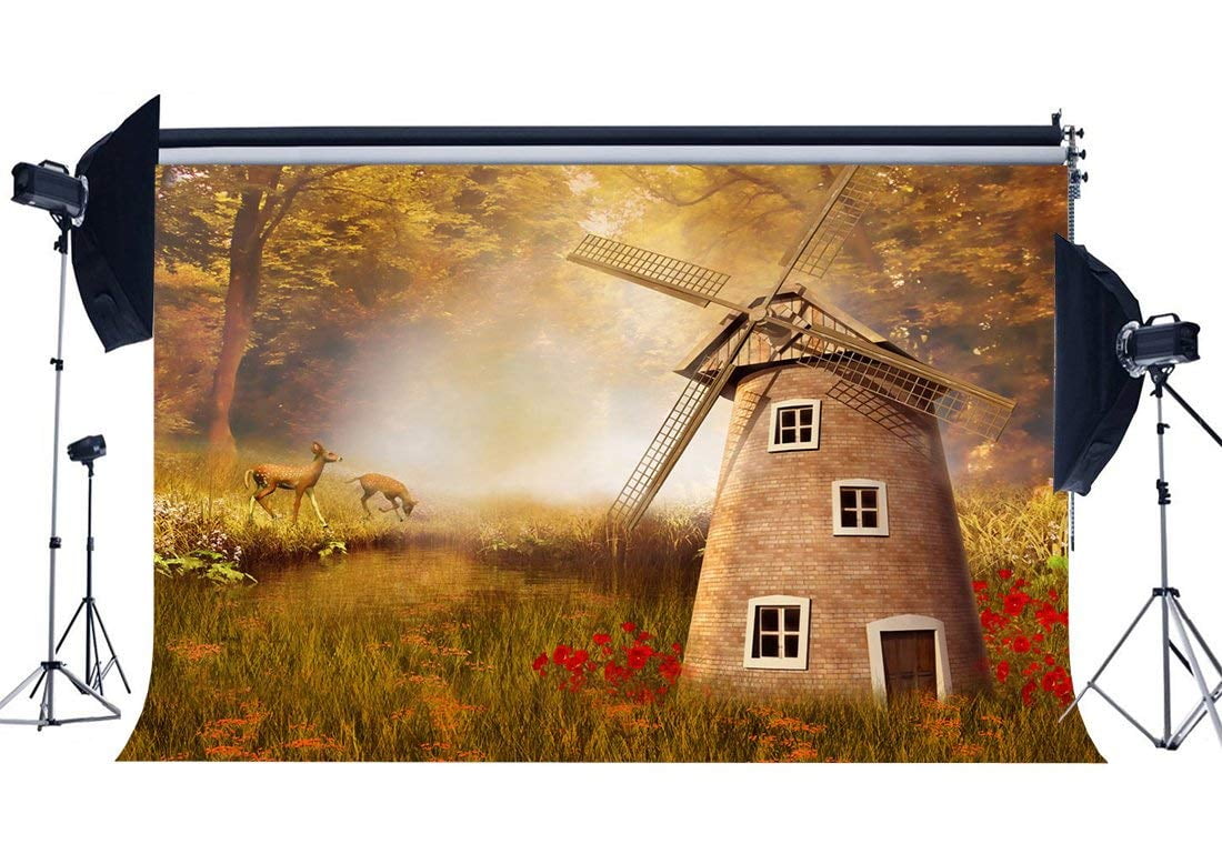 ABPHOTO Polyester 7x5ft Dutch Windmill Backdrop Fairytale Jungle Forest ...