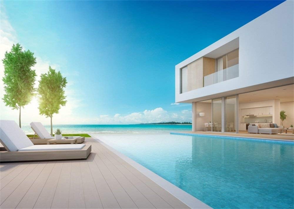 ABPHOTO Polyester 7x5ft Outdoor Swimming Pool Backdrop Seaside Sea View ...