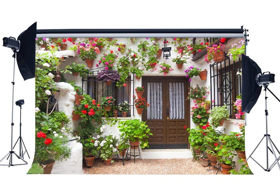 ABPHOTO Polyester 7x5ft Rural Countyard Backdrop Blooming Fresh Flowers ...