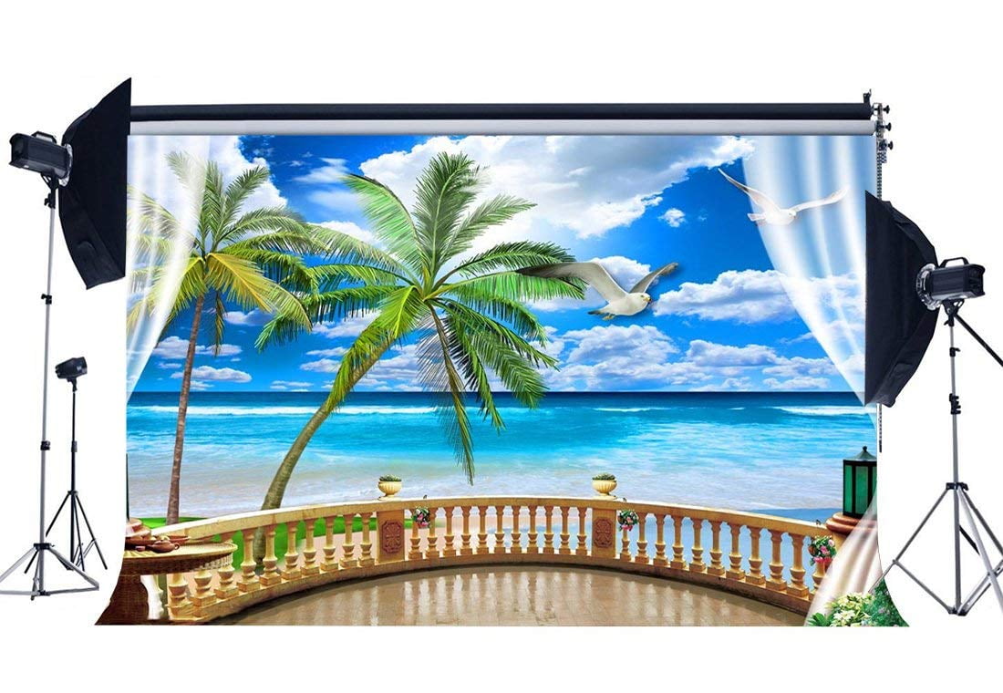 ABPHOTO Polyester 7x5ft Sea View Room Backdrop Seaside Palm Tree ...