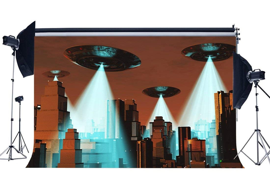 ABPHOTO Polyester 7x5ft UFO Backdrop Skyscraper Unidentified Flying ...