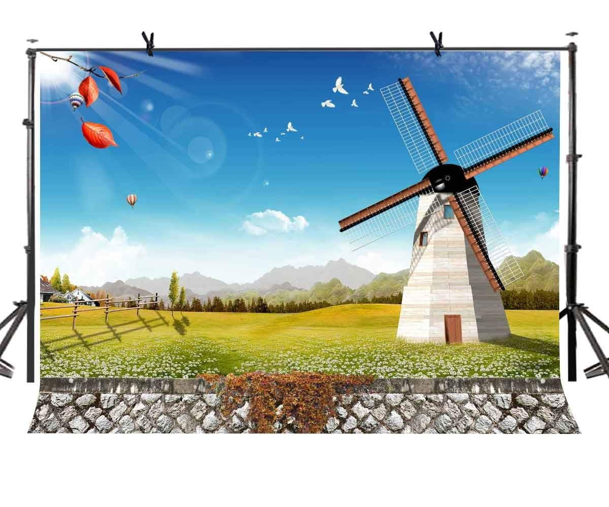 ABPHOTO Polyester 7x5ft Windmill Backdrop Sunny Sky Windmill ...