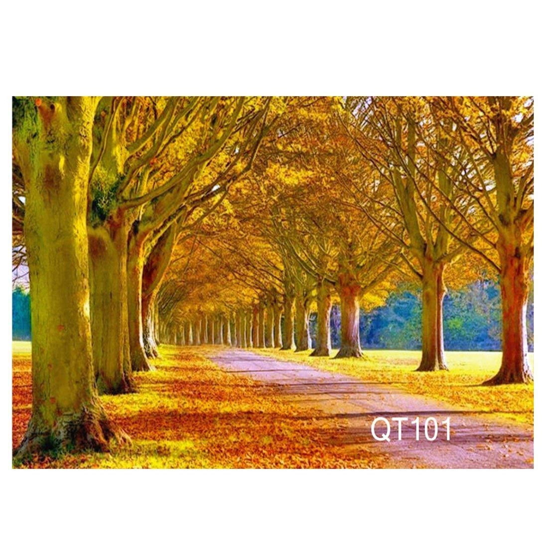 ABPHOTO Polyester Autumn theme grass fallen leaves trees tree lined ...