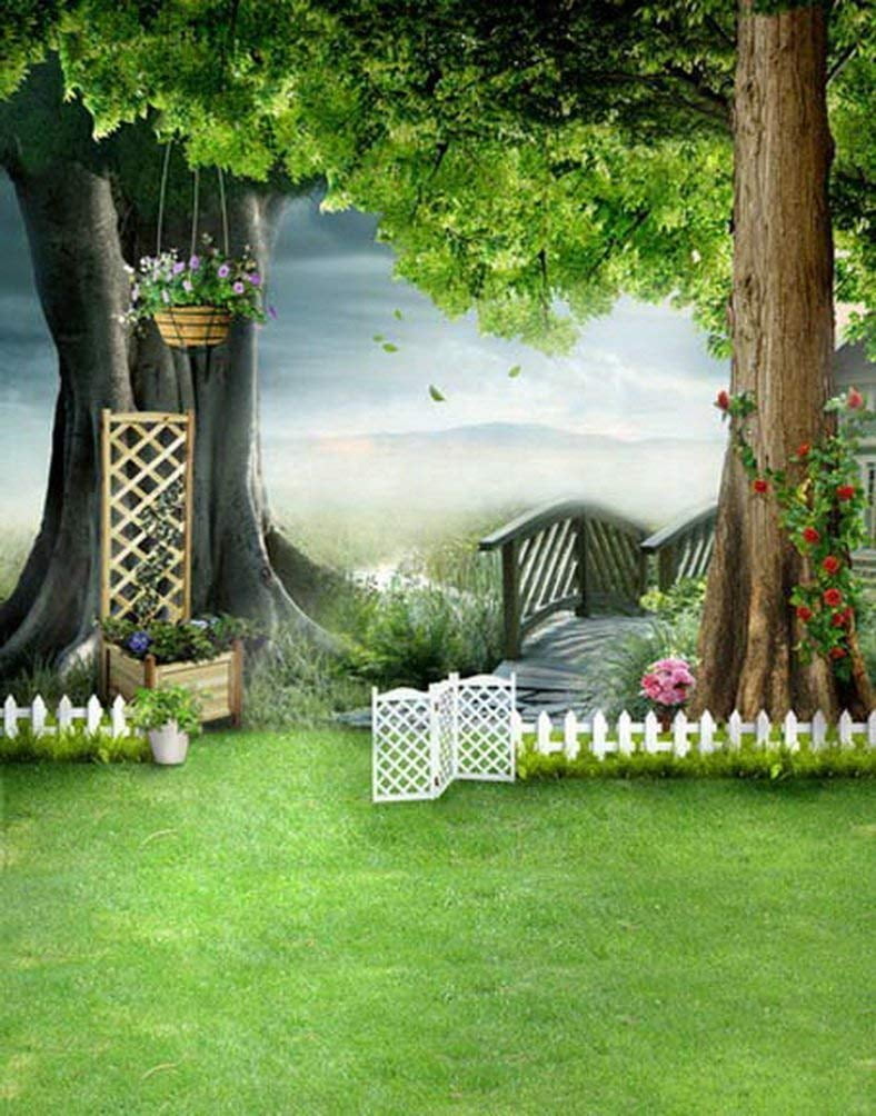 ABPHOTO Polyester Cartoon Meadow Fences Tree Photography Backdrops ...