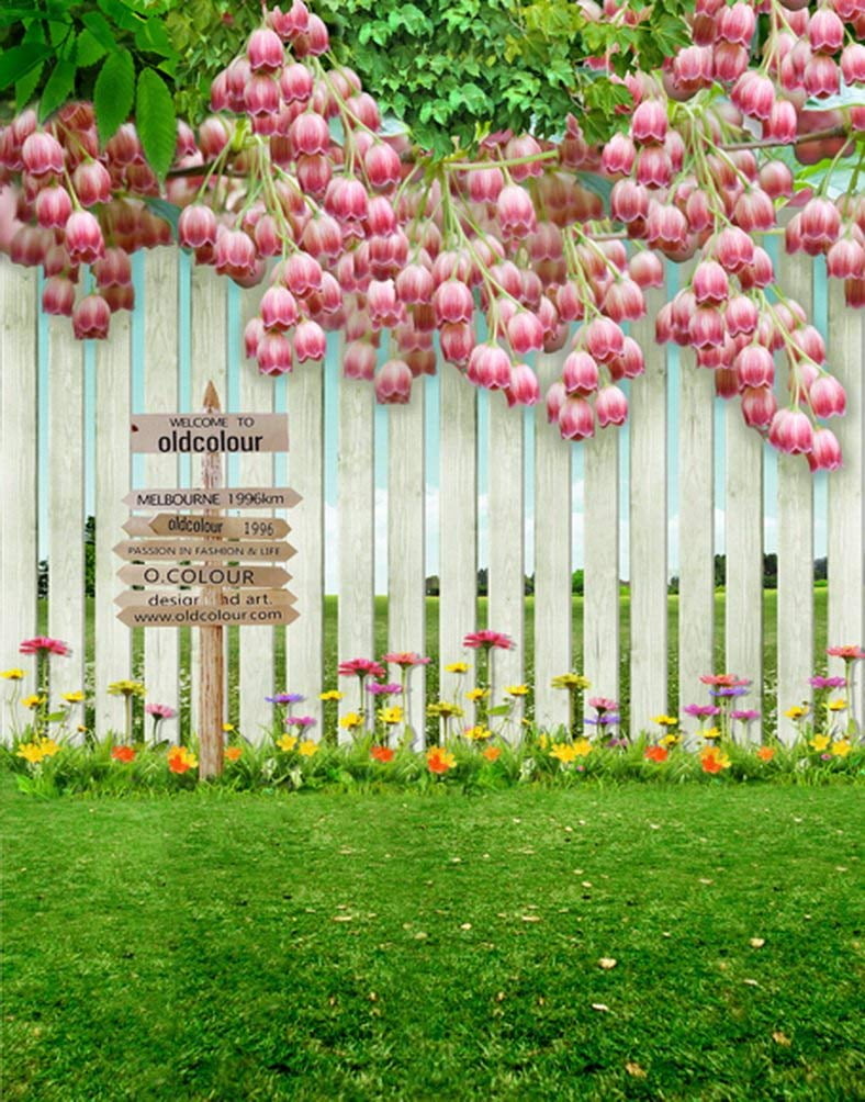 ABPHOTO Polyester Grass Fence Pink Flowers Photography Backdrops Photo ...
