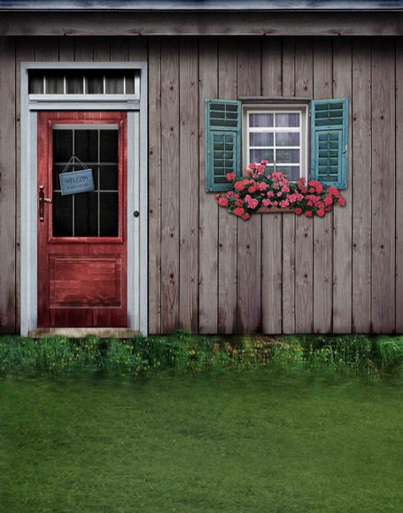 ABPHOTO Polyester Green Grass Wooden House Photography Backdrops Photo ...