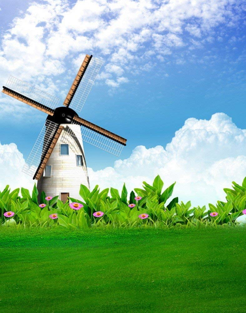 ABPHOTO Polyester Green Land Field Sky White Clouds Windmill Nature ...