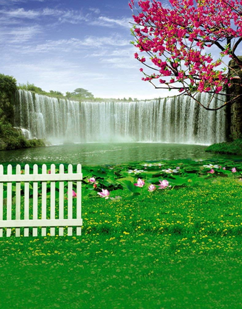 ABPHOTO Polyester Landscape Pink Flowers Tree Waterfall Grass ...